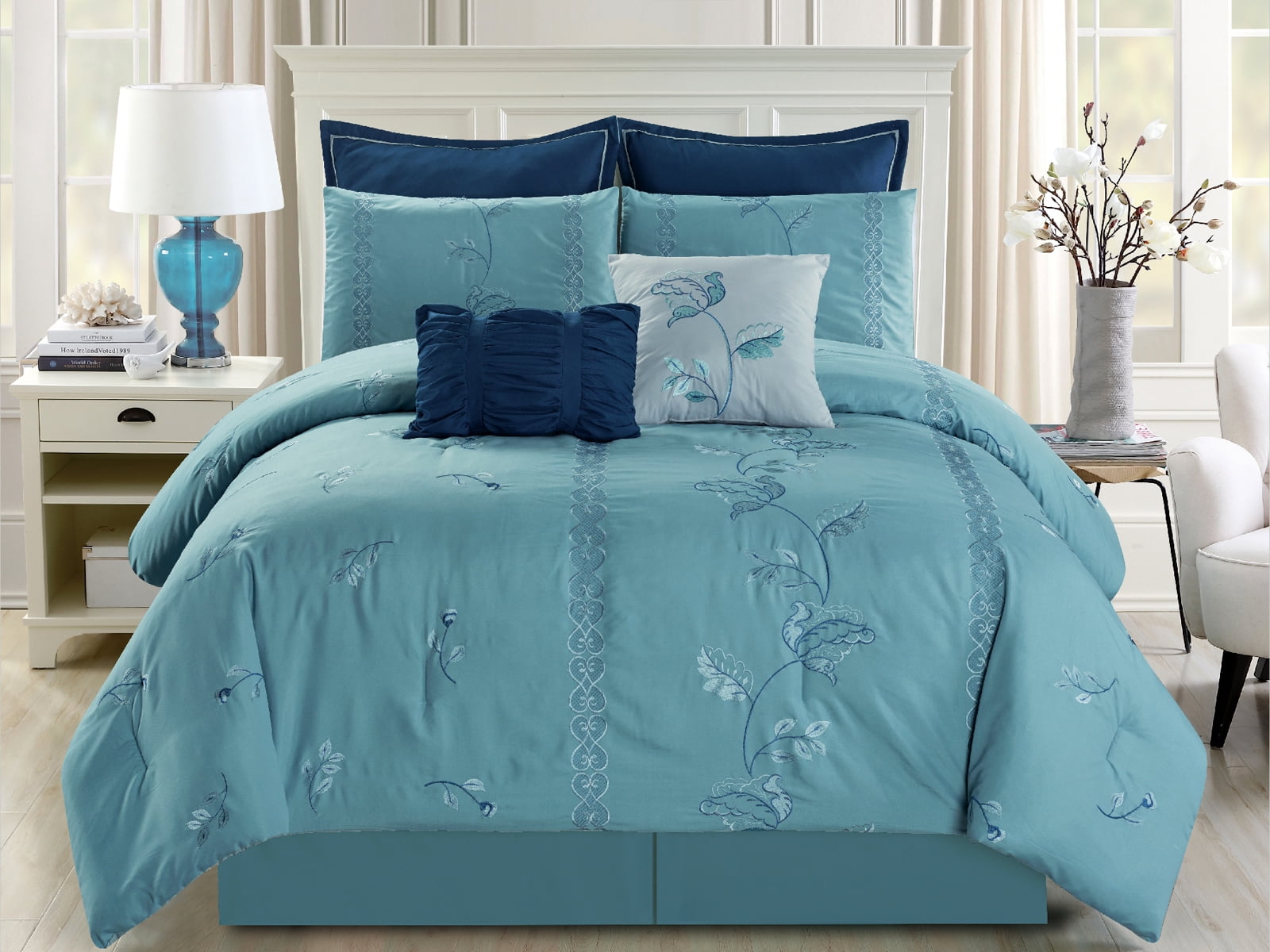 8-Pc Evelyn Floral Vine Leaf Scroll Damask Heart Embroidery Comforter ...