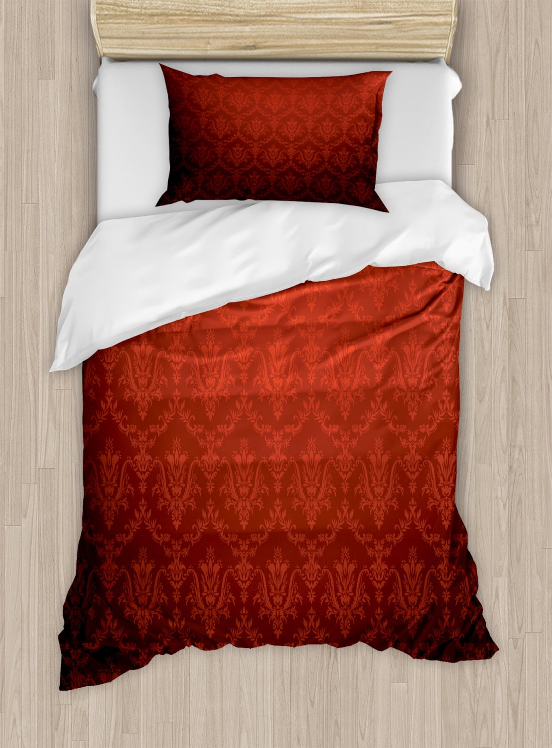 Dark Red Duvet Cover Set Twin Size, Antique Floral Pattern with Baroque ...