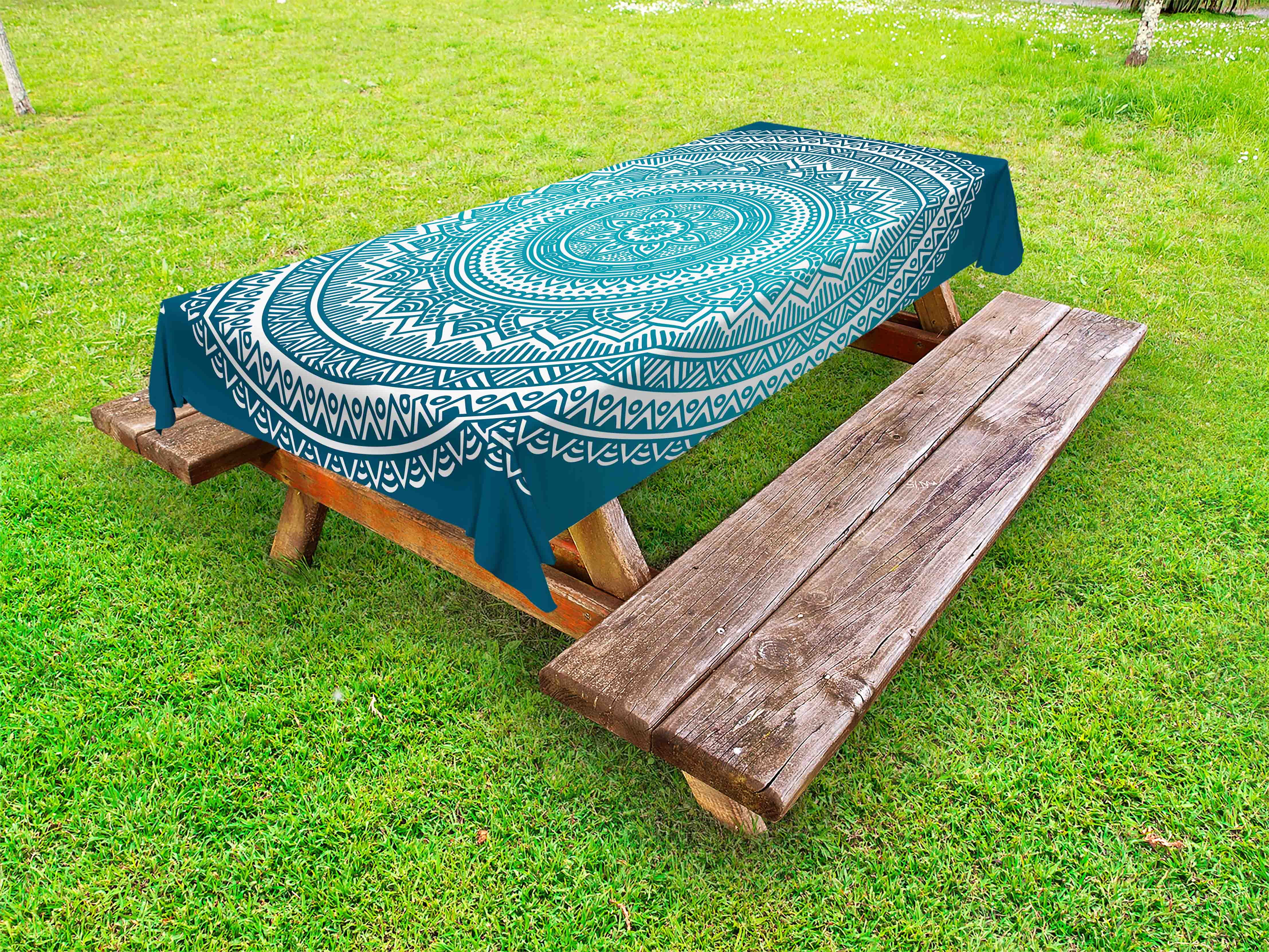 Turquoise Ombre Outdoor Tablecloth, Mandala Medallion Starry Design ...