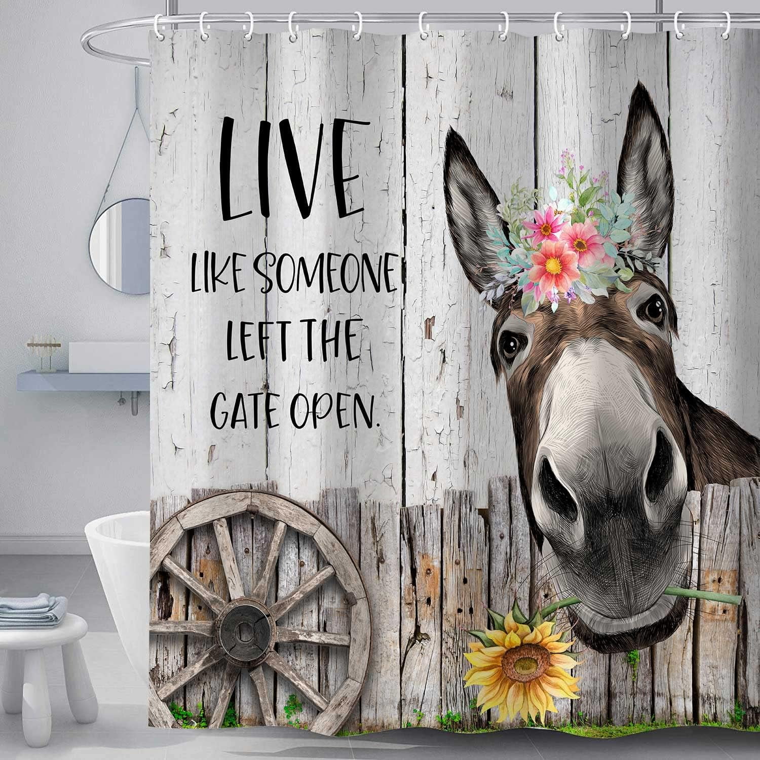 Funny Donkey Shower Curtain Set, Rustic Farm Animal Sunflower ...