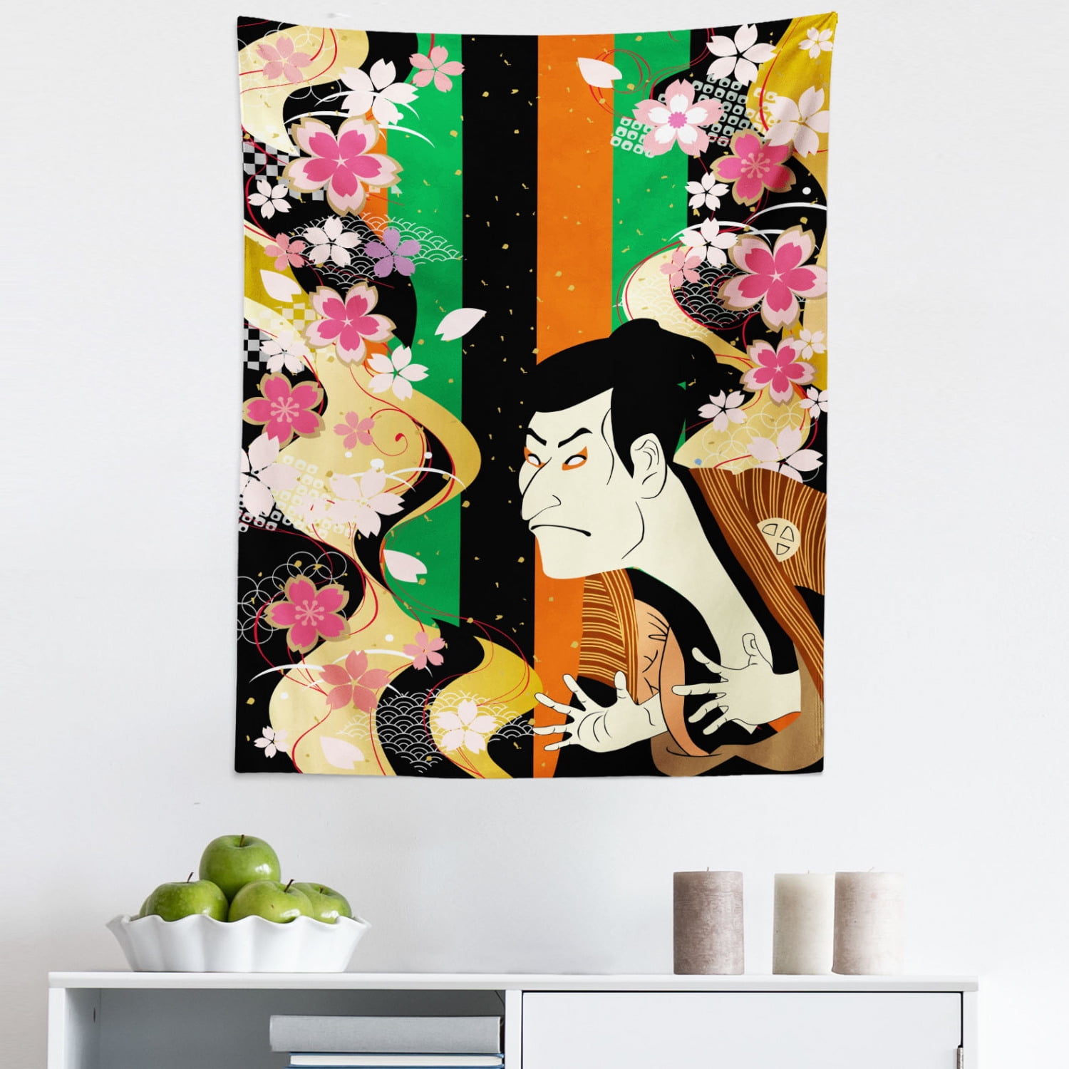 Kabuki Tapestry, Colorful Vertical Stripes and Fresh Spring Sakura ...