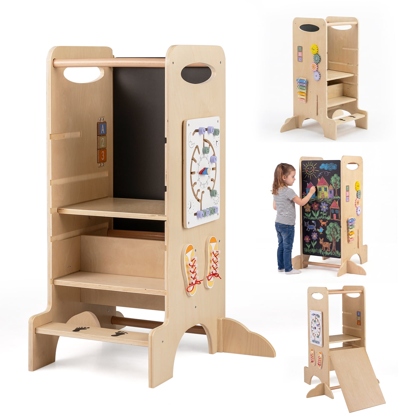 Click here for Gymax Wooden Toddler Standing Tower W/Chalkboard M... prices