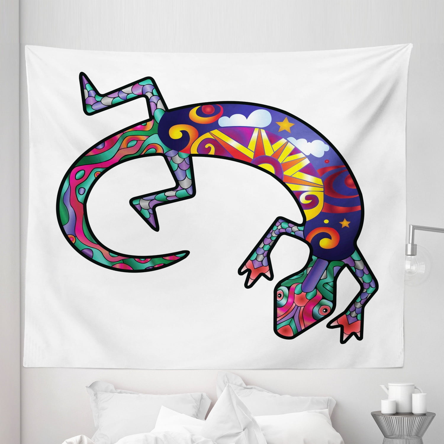 Gecko Tapestry, Lizard with Bohemian Motifs Stars Clouds and Sun ...
