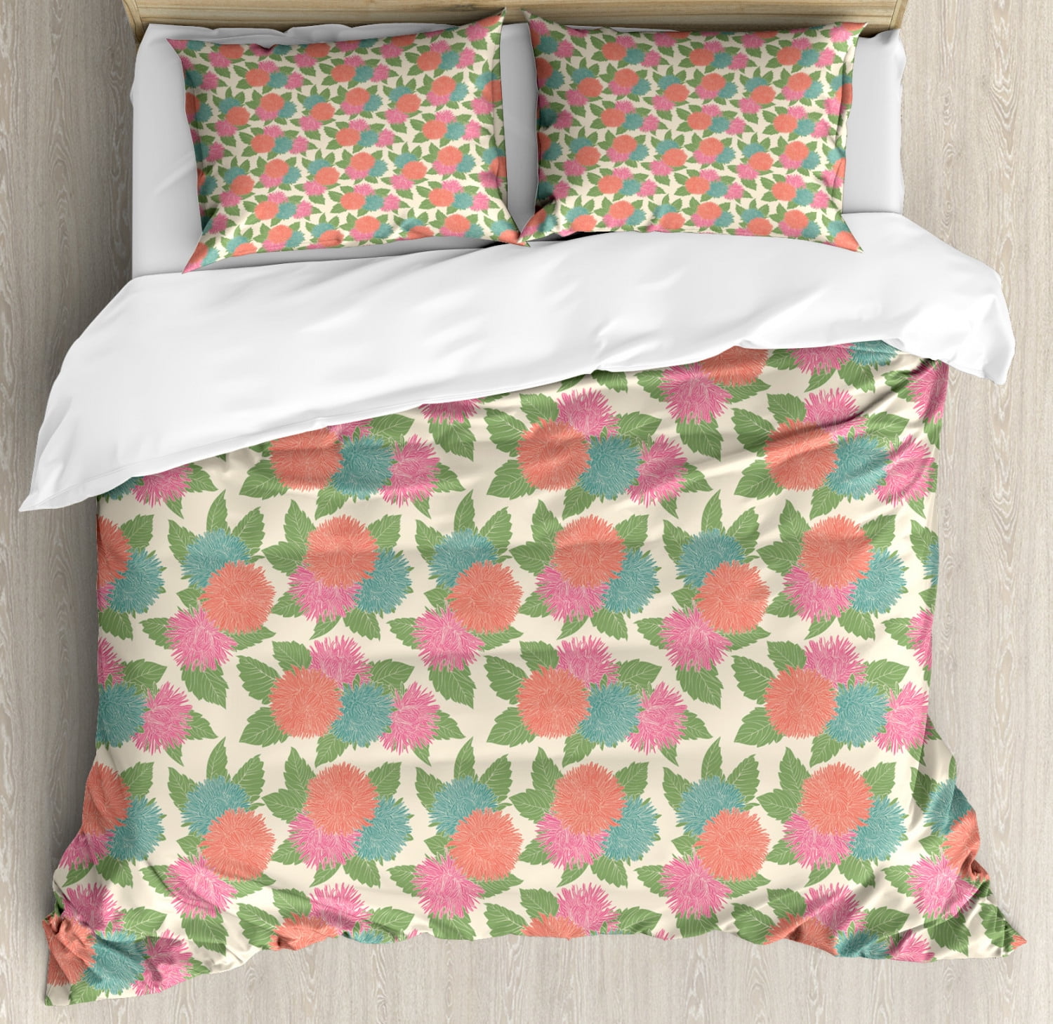 Aster Duvet Cover Set Queen Size, Colorful Retro Style Blossoms Nature ...