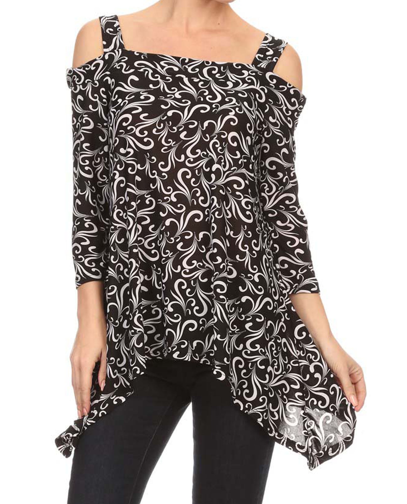 Avital Womens Cold Shoulder Asymmetrical Trapeze Shirt (Black White ...