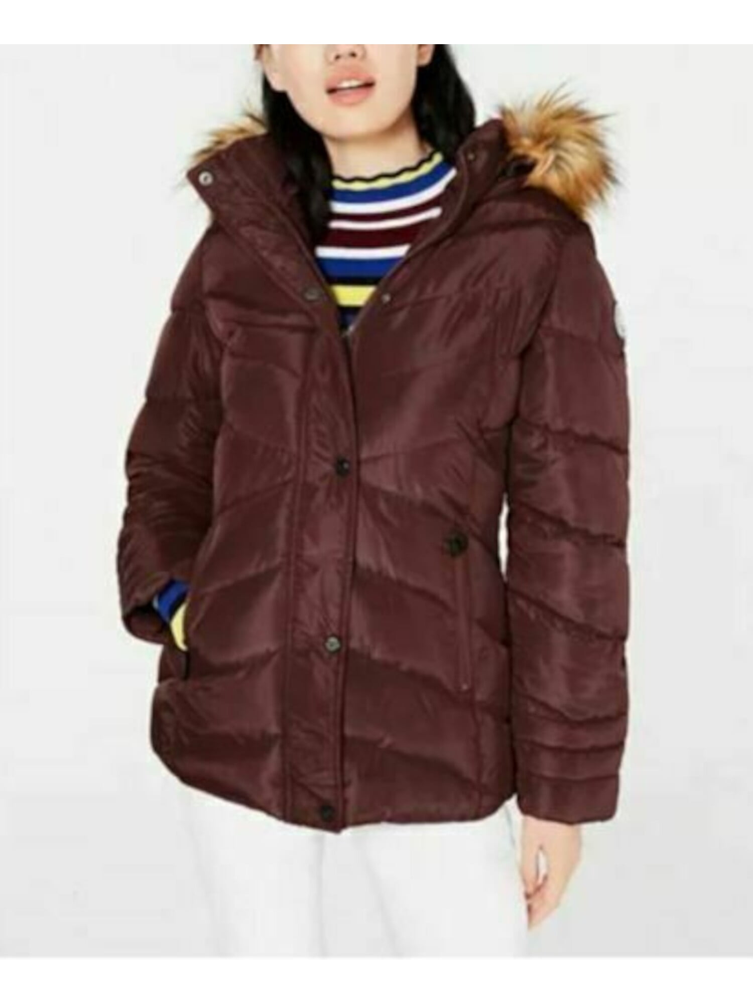 MADDEN GIRL Womens Maroon Faux Fur Hooded Puffer Winter Jacket Coat S ...