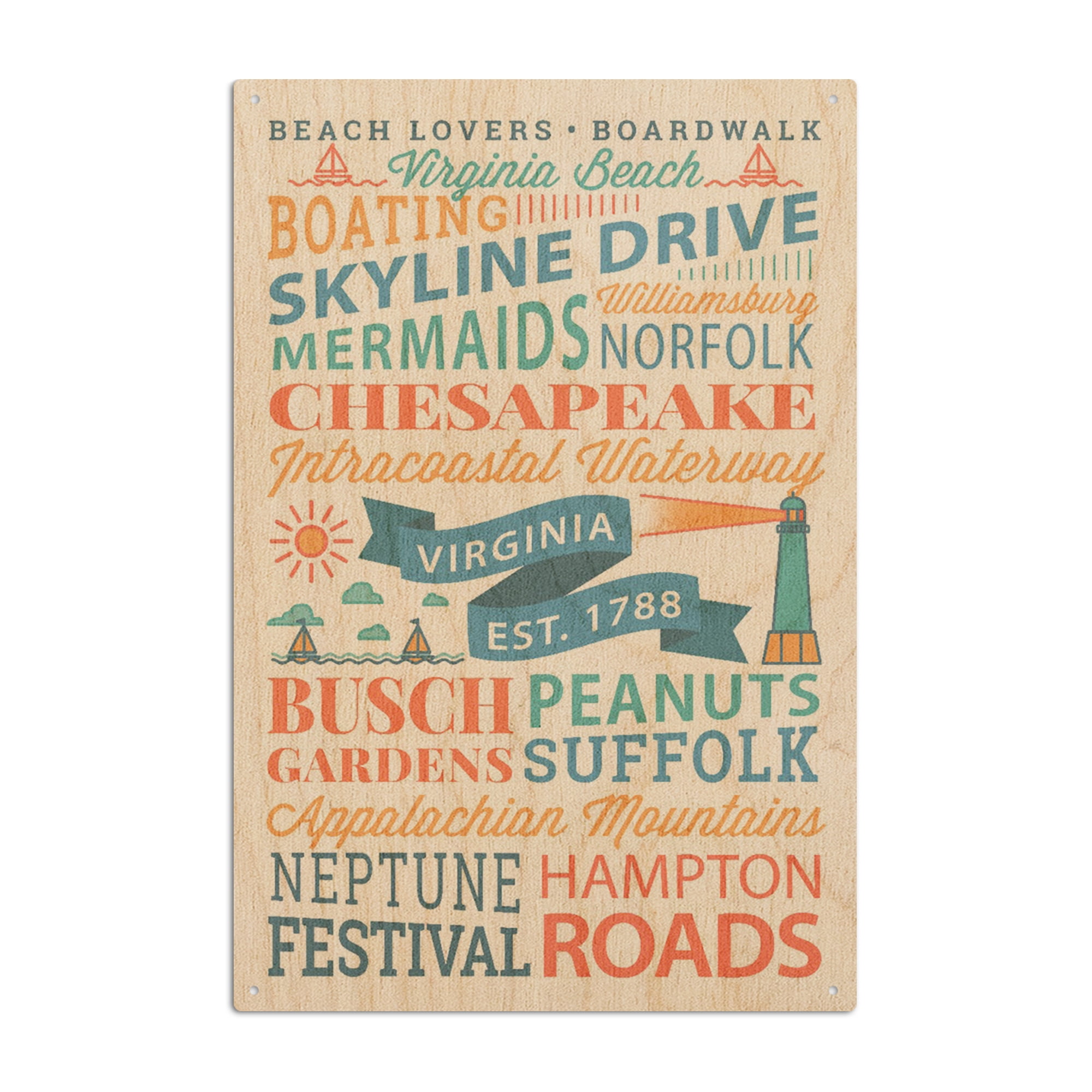 Virginia Beach, Virginia, Typography Stacked Birch Wood Wall Sign (6x9 ...