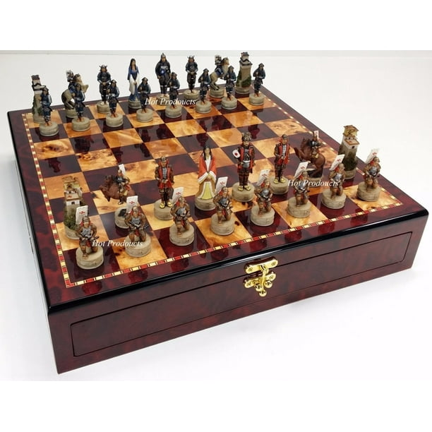 Japanese Samurai Warrior Chess Set w/ 17" Gloss Cherry Color Storage ...