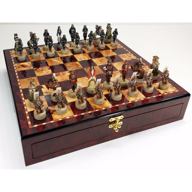 Japanese Samurai Warrior Chess Set w/ 17" Gloss Cherry Color Storage ...