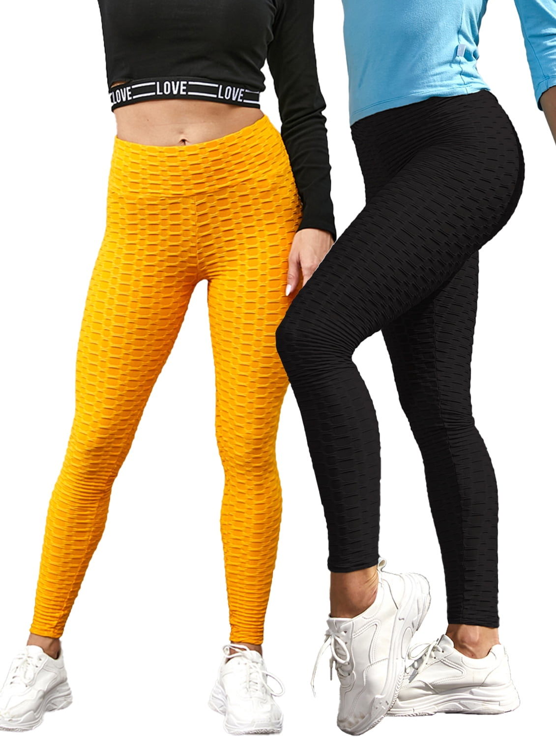 Doublju Women's Elastic High Waist Textured Leggings (Pack of 2 ...