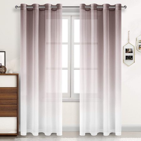 Grey Faux Linen Ombre Sheer Curtains Gradient Semi Voile Drapes Grommet Top Window Curtains for ...