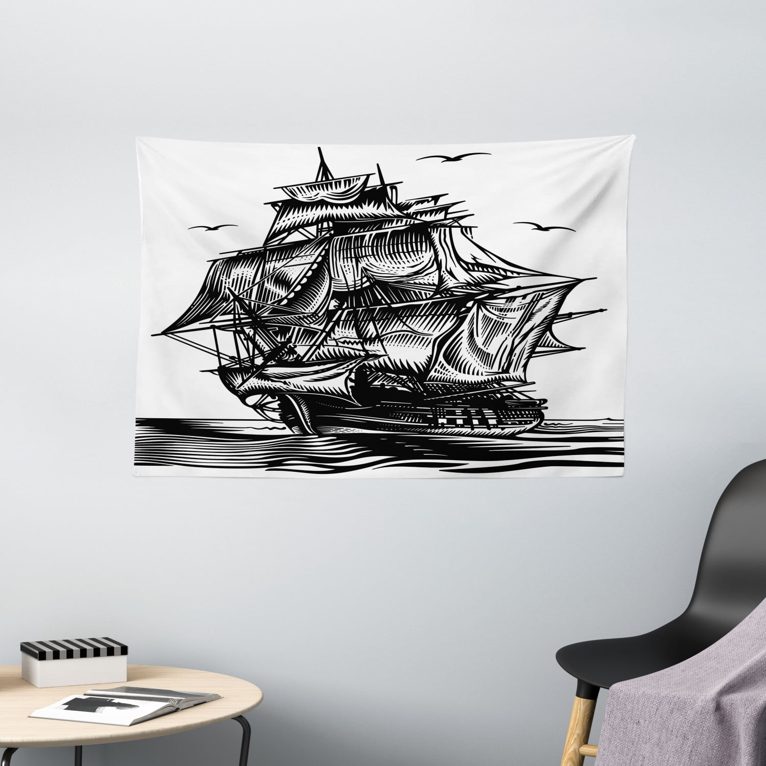 Pirate Ship Tapestry, Nautical Line Art Style Illustration with Vintage ...