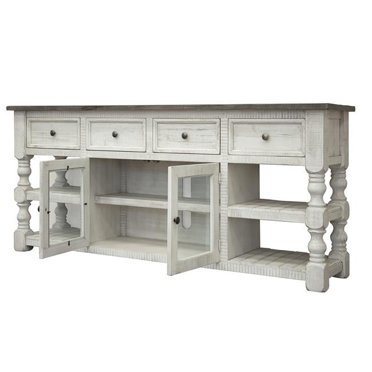 70 in. Blue & White Solid Wood Open Shelving Distressed TV Stand ...
