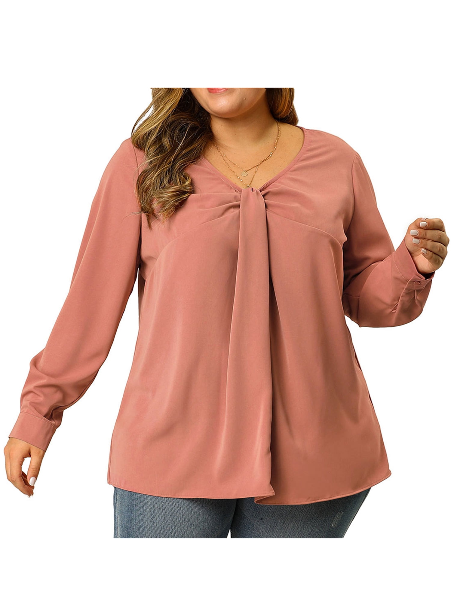 Agnes Orinda Womens Plus Size Relaxed Fit Solid Long Sleeve V Neck