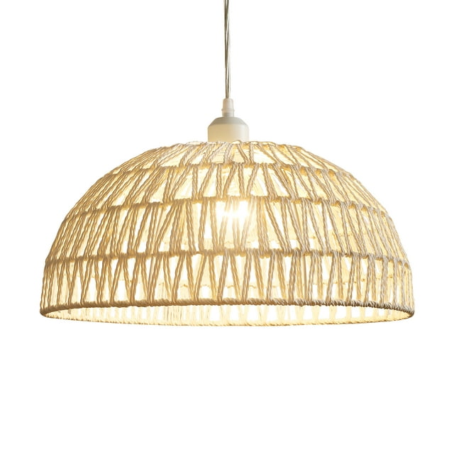Q&S Boho Pendant Light, 1-Light LED, Hand-Woven Rattan, White Rope ...