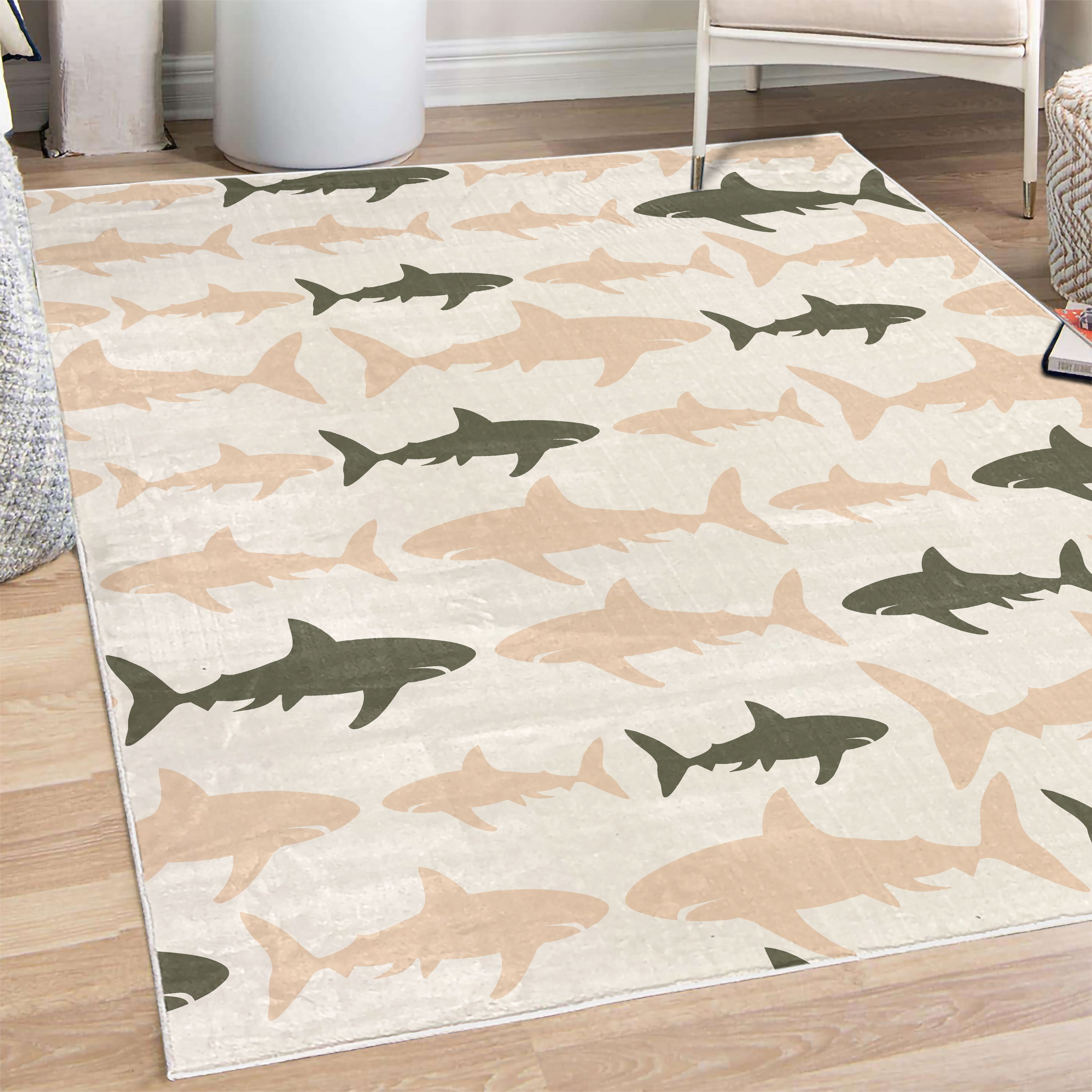 Sea Animals Decorative Rug, Monochrome Shark Illustration Fashion ...