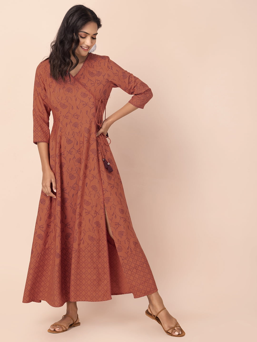 Indya Women's Orange Floral Angrakha Kurta - Walmart.com