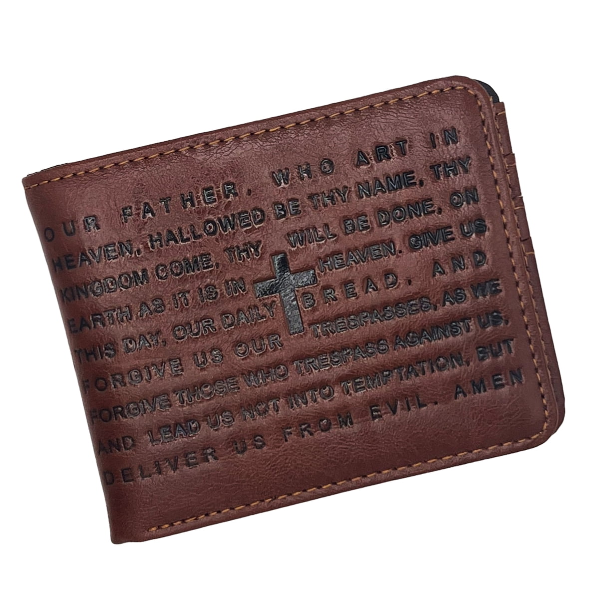 STEELTIME Men's Brown Vegan Leather Our Father Prayer Religious cross ...