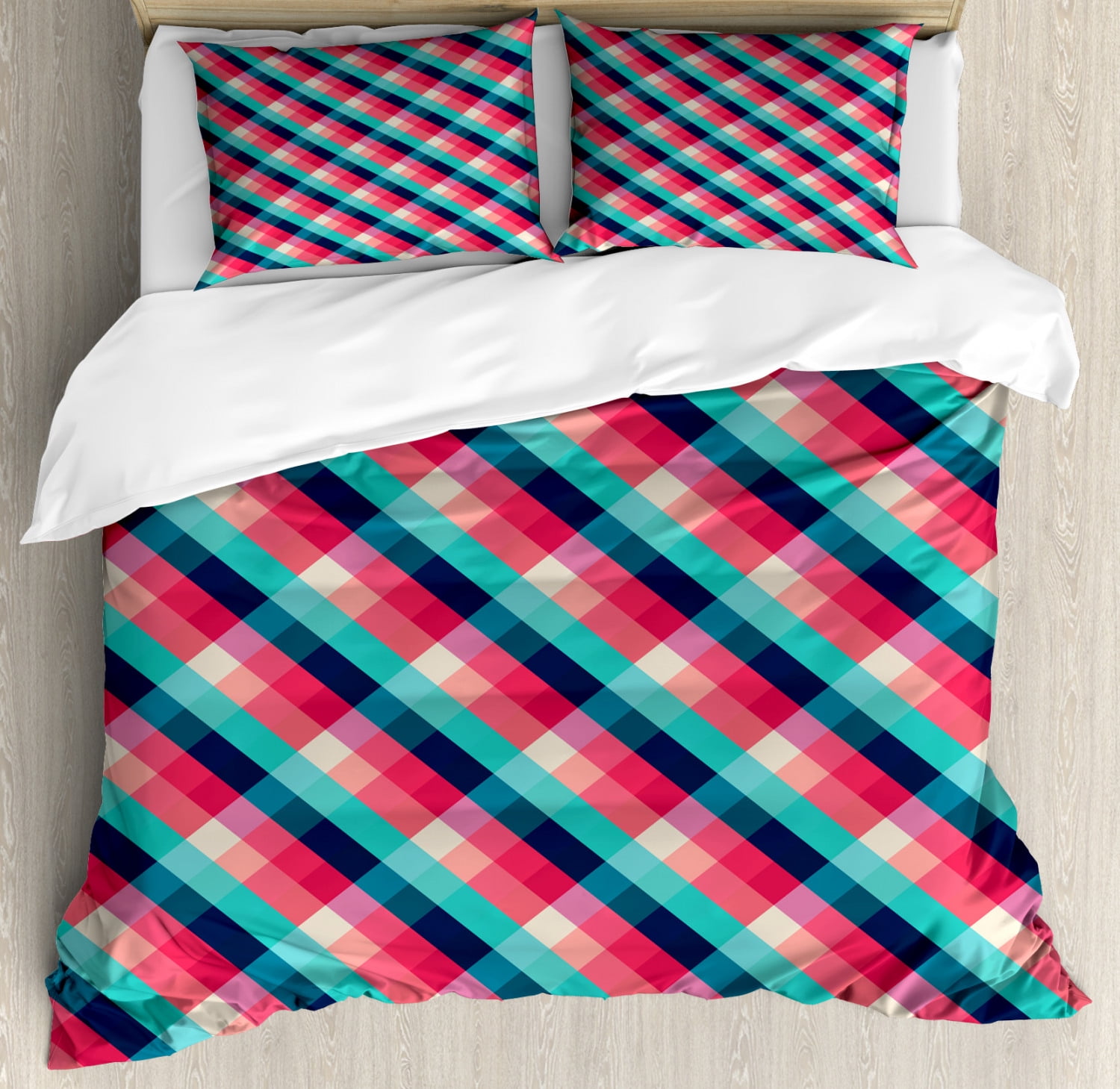 Geometric Queen Size Duvet Cover Set, Diagonal Grid Style Rhombuses ...