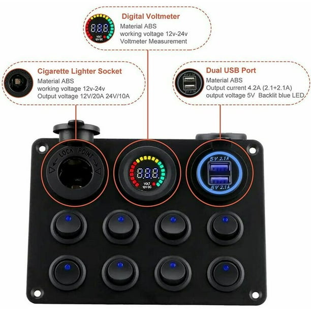 Panneau Interrupteurs à Bascule 12-24V Double Chargeur USB Prise avec Voltmètre à LED Rocker ...