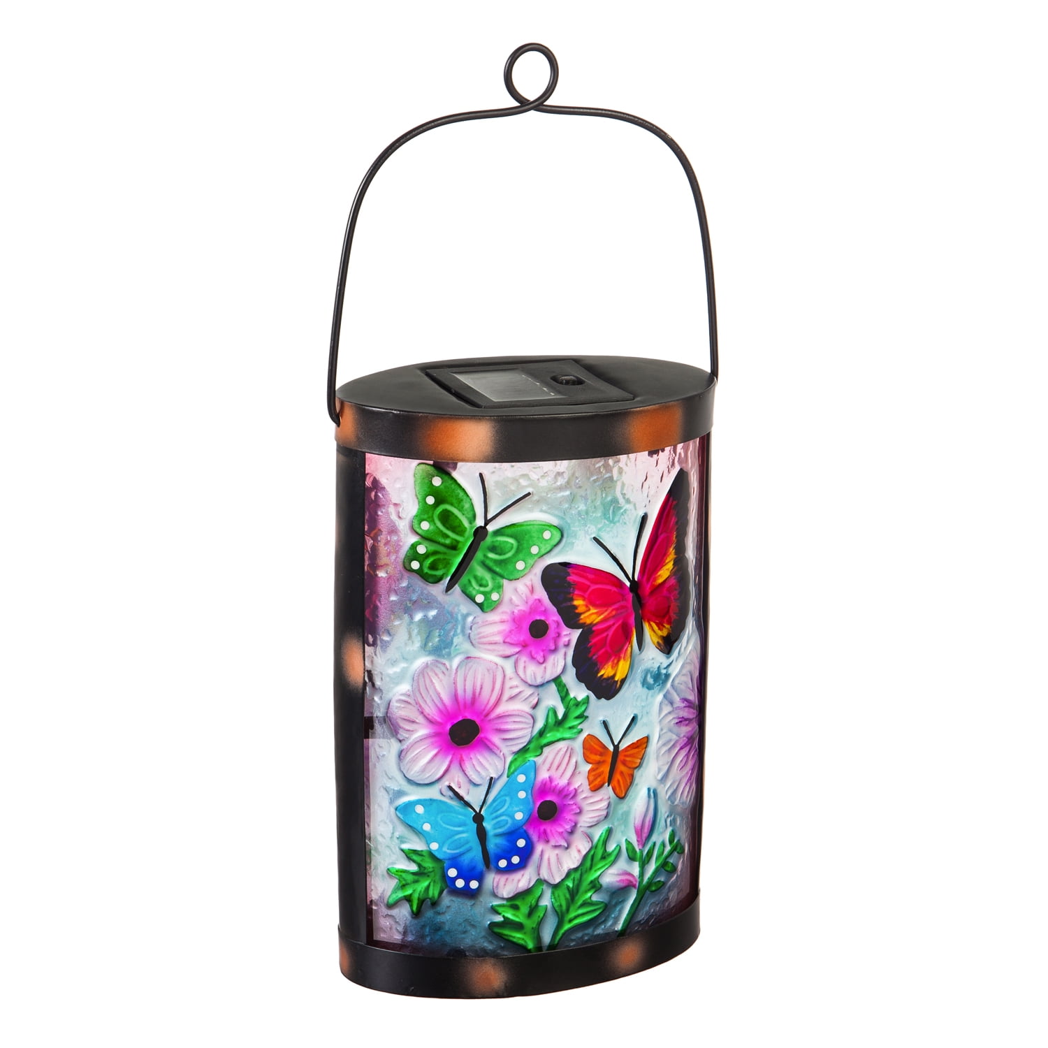 Evergreen Handpainted Solar Glass Lantern, Butterfly Prints, 3.7'' x 5. ...