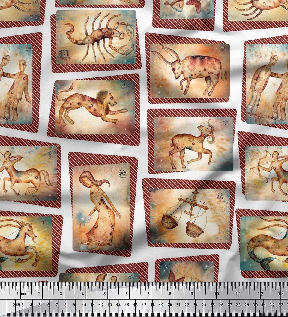 Soimoi Japan Crepe Satin Fabric Zodiac Sign Patchwork Print Fabric by ...