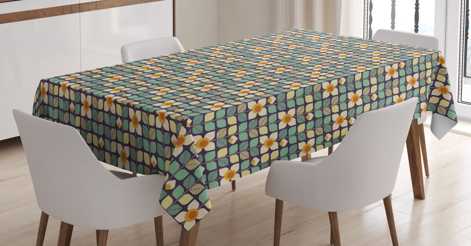 Flower Tablecloth, Primitive Grid-like Stylized Petals Leaves and Stems ...