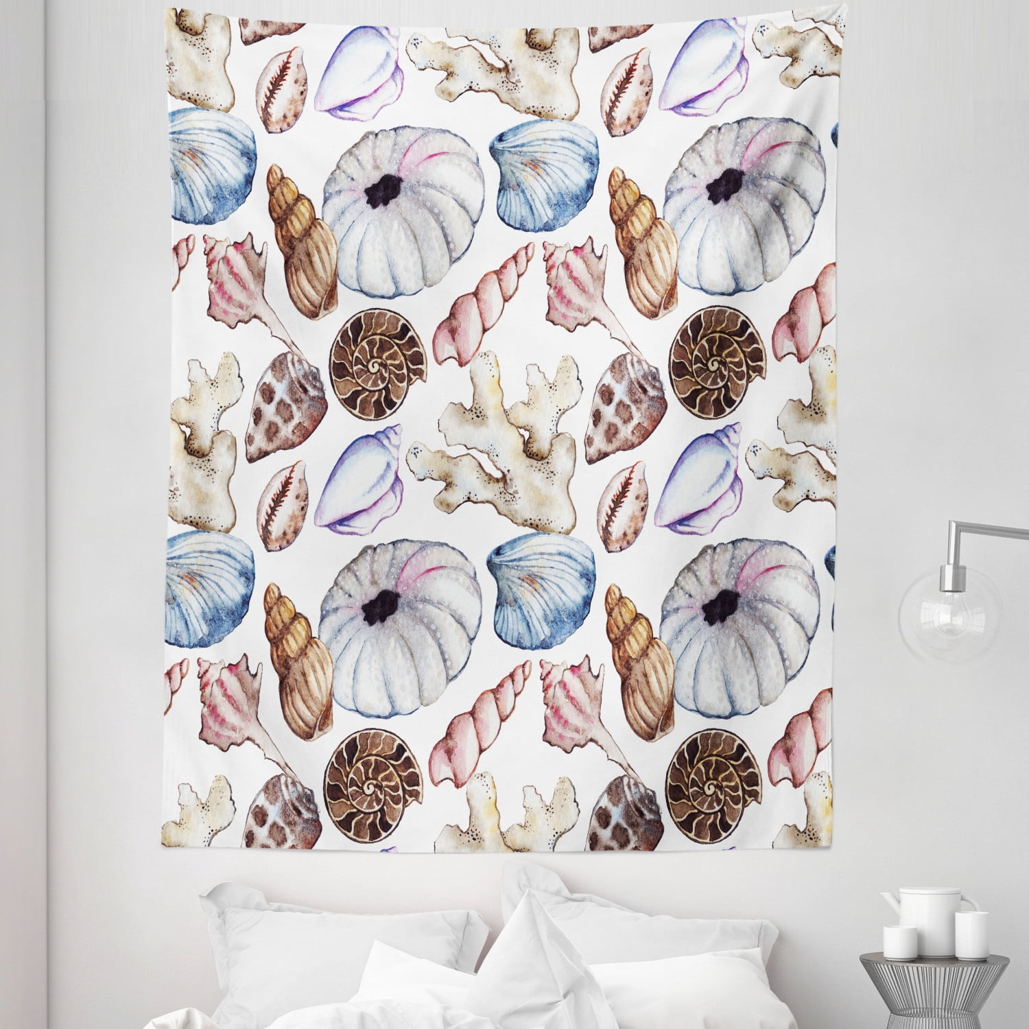 Colorful Tapestry, Clam Coral Watercolor Urchin Sealife Reef Creative Warm Weather Background ...