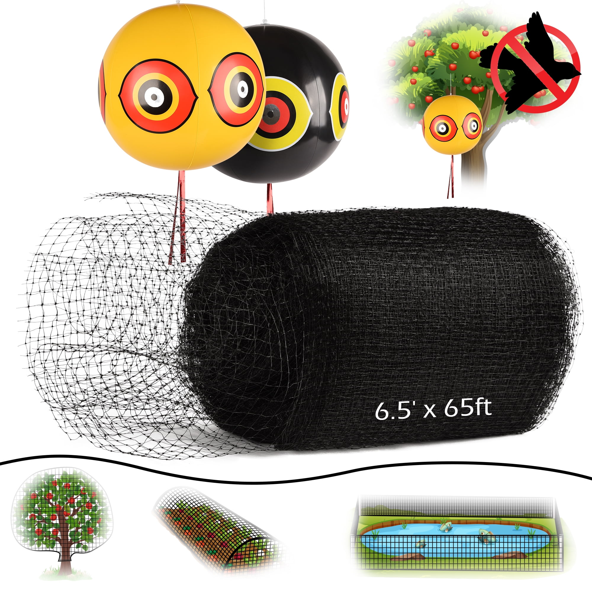 Bird Netting Mesh for Garden - 6.5' x 65ft, Heavy Duty + 2 Scare Eye ...
