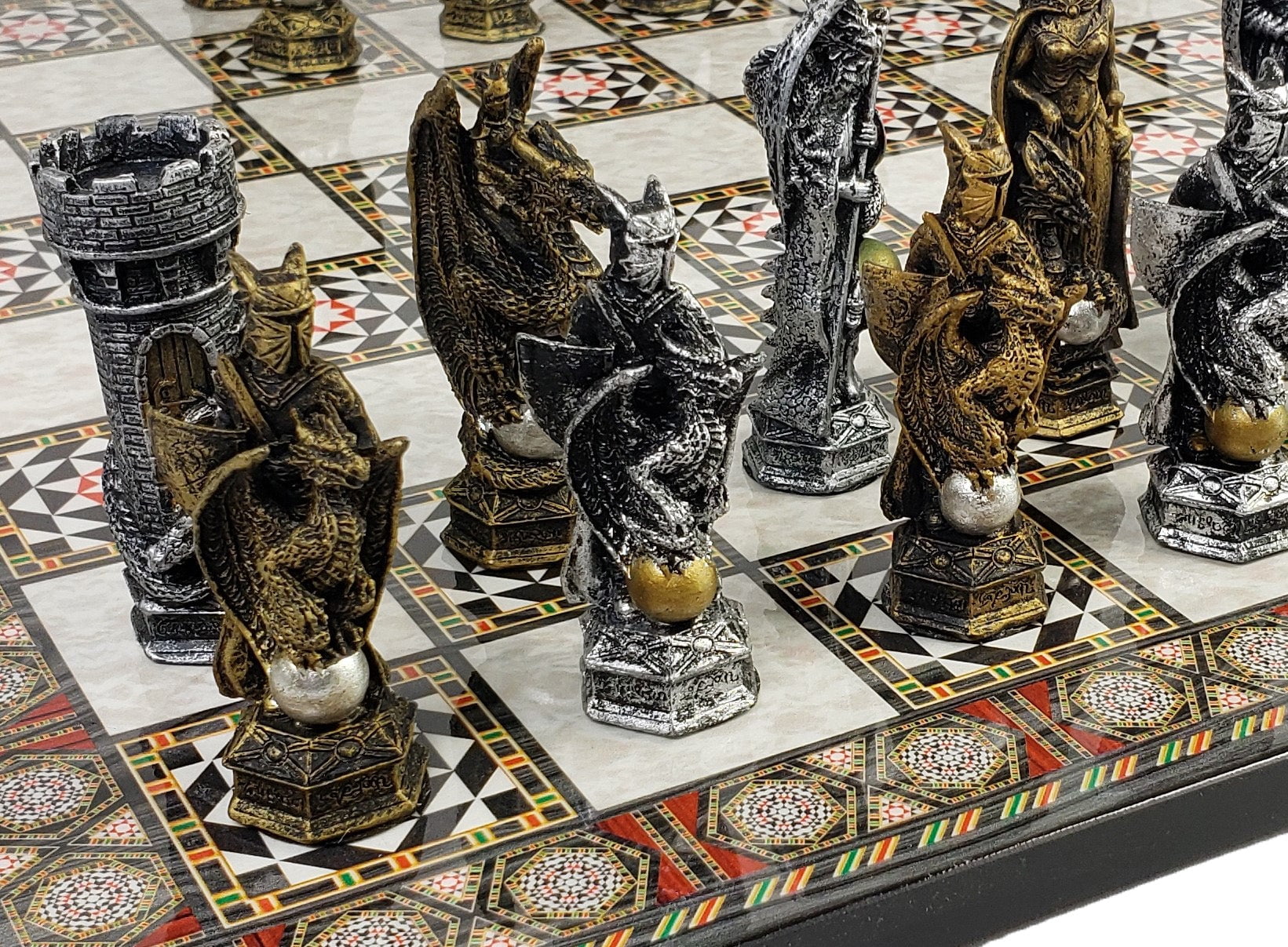 King Arthur KNIGHTS DRAGON Medieval Times Chess Set W 17" Mosaic Color ...