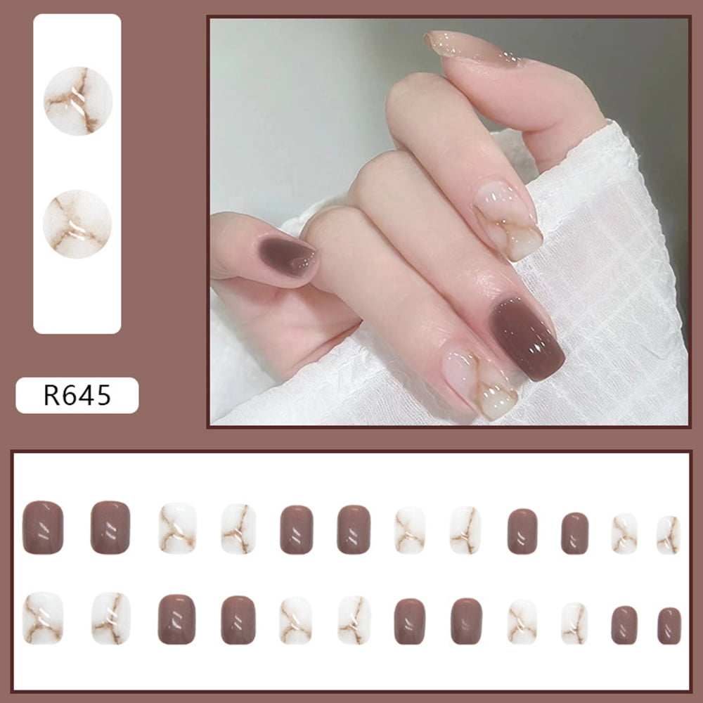 Early Autumn Simple Fake Nails Graceful Fairy Fake Nails Women Marbling ...