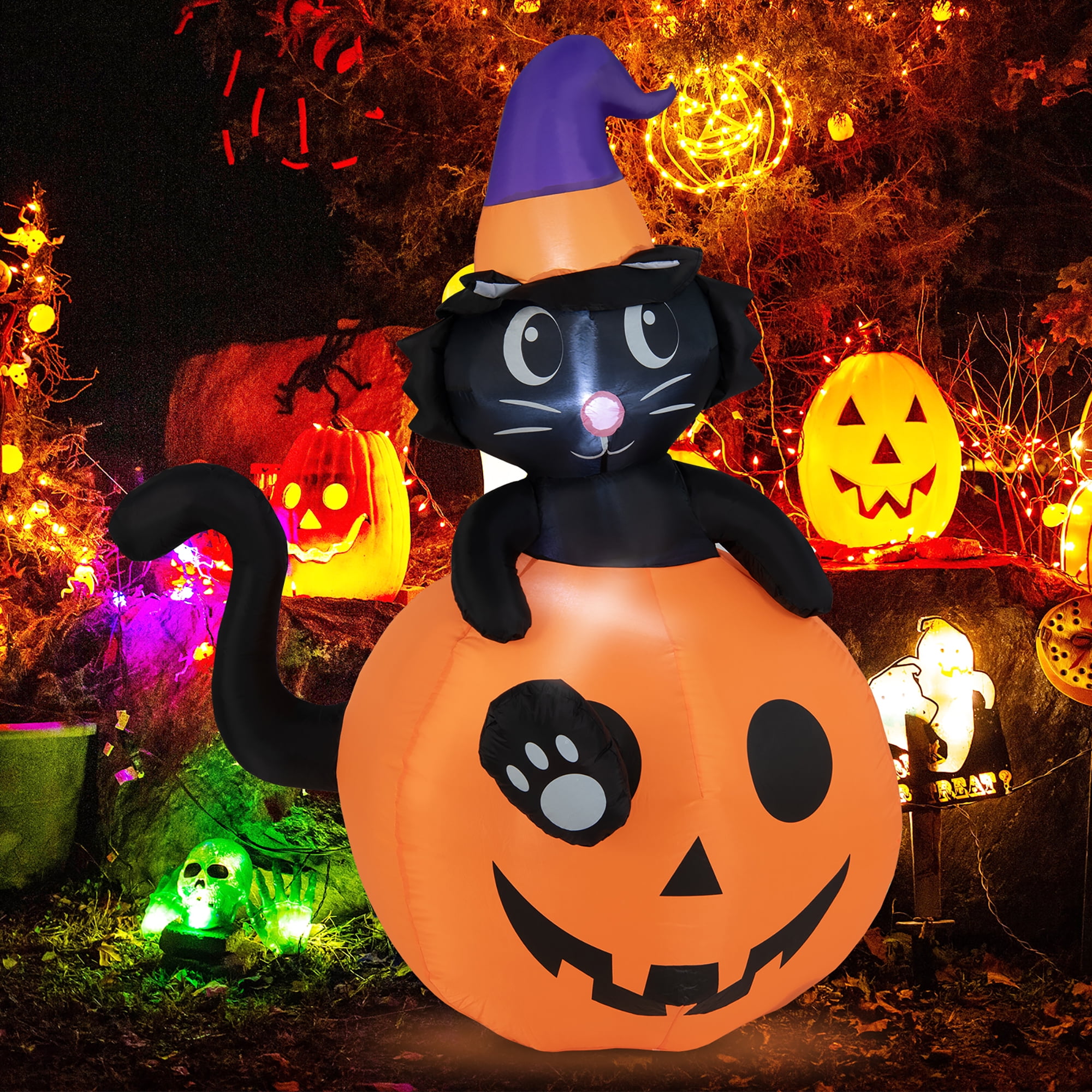 Costway 5 FT Tall Halloween Inflatable Décor Black Cat Sitting in ...