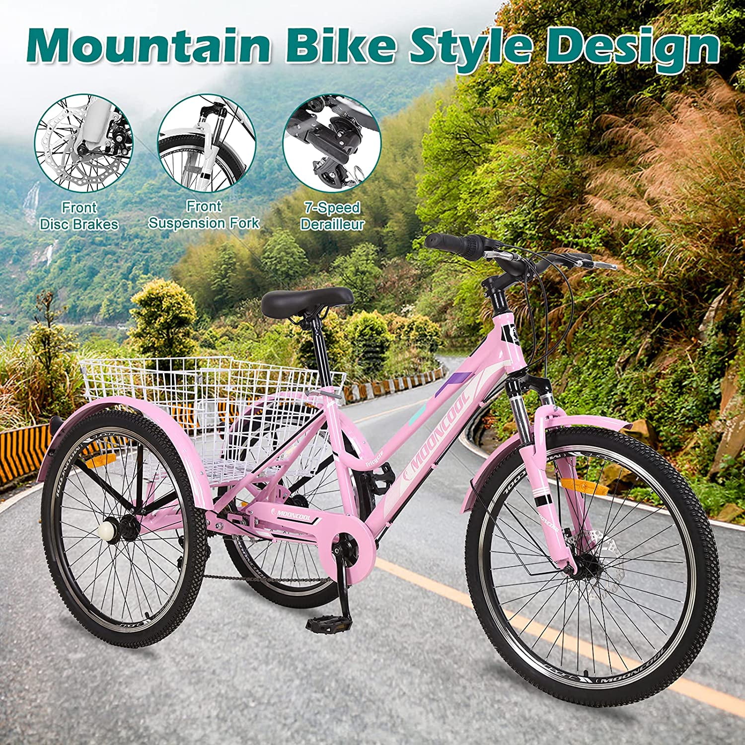 Mooncool Adult Mountain Bike, 7 Speed Three Wheel Bike Mountain ...
