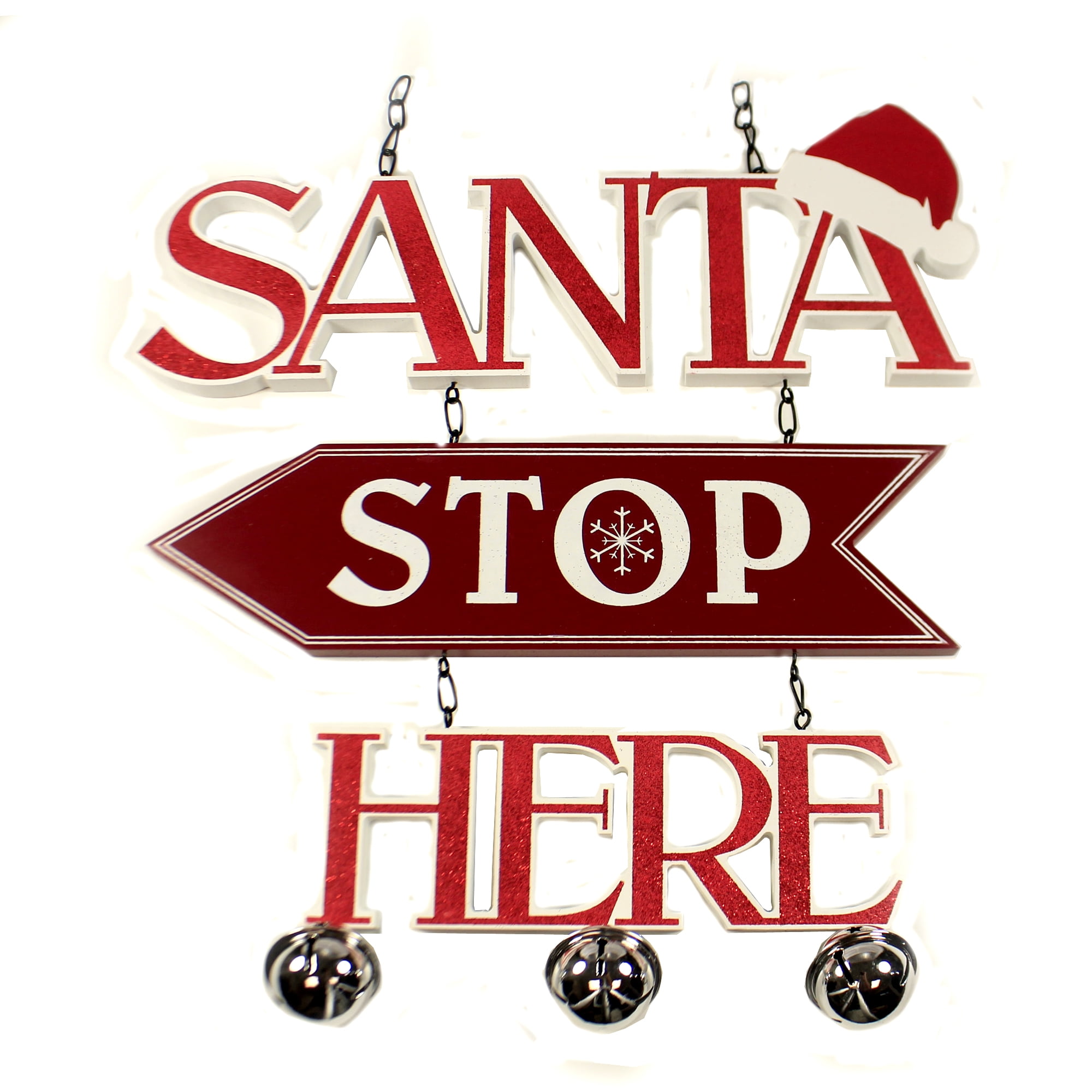 Christmas Santa Stop Here Sign Wood Jingle Bells 54628A - Walmart.com