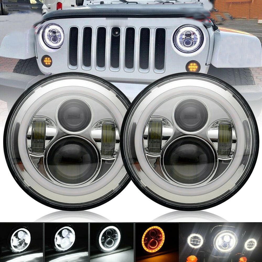 Round 7inch LED Car Headlights Turn Signal Lights and Halo Ring Angel ...