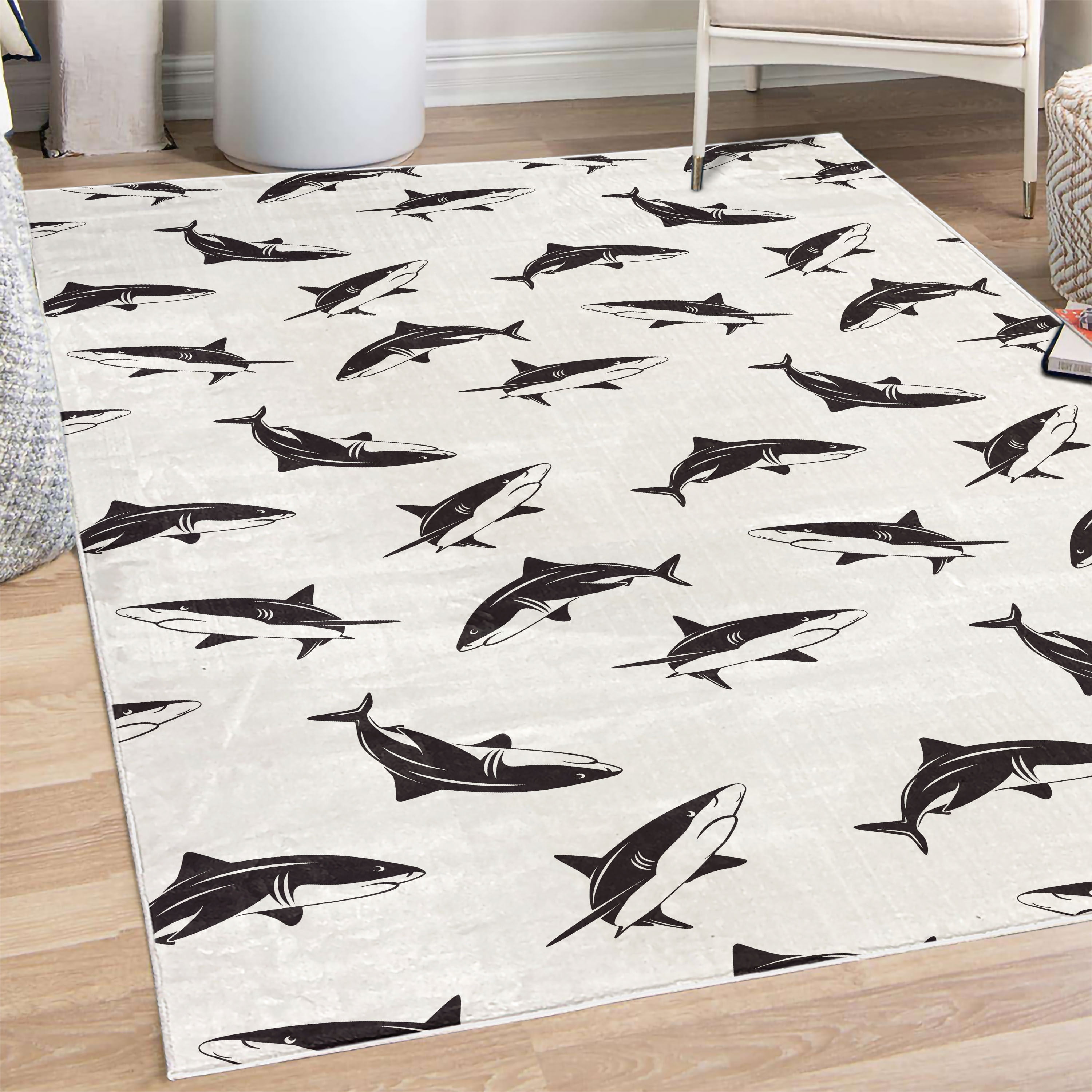 Sea Animals Decorative Rug, Repeated Cartoon Sharks Swimming to ...