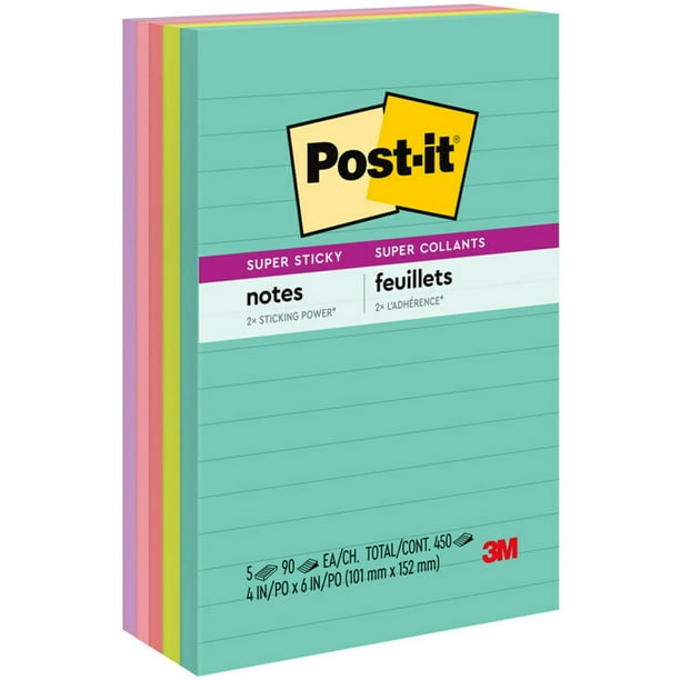 Post it® Super Sticky Notes, 4" x 6", Miami, Lined, Pack Of 5 Pads ...