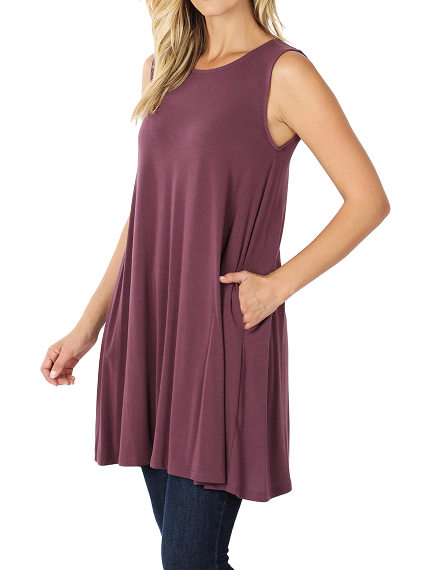 Zenana Women And Plus Round Neck Sleeveless Flowy Tunic Top With Side