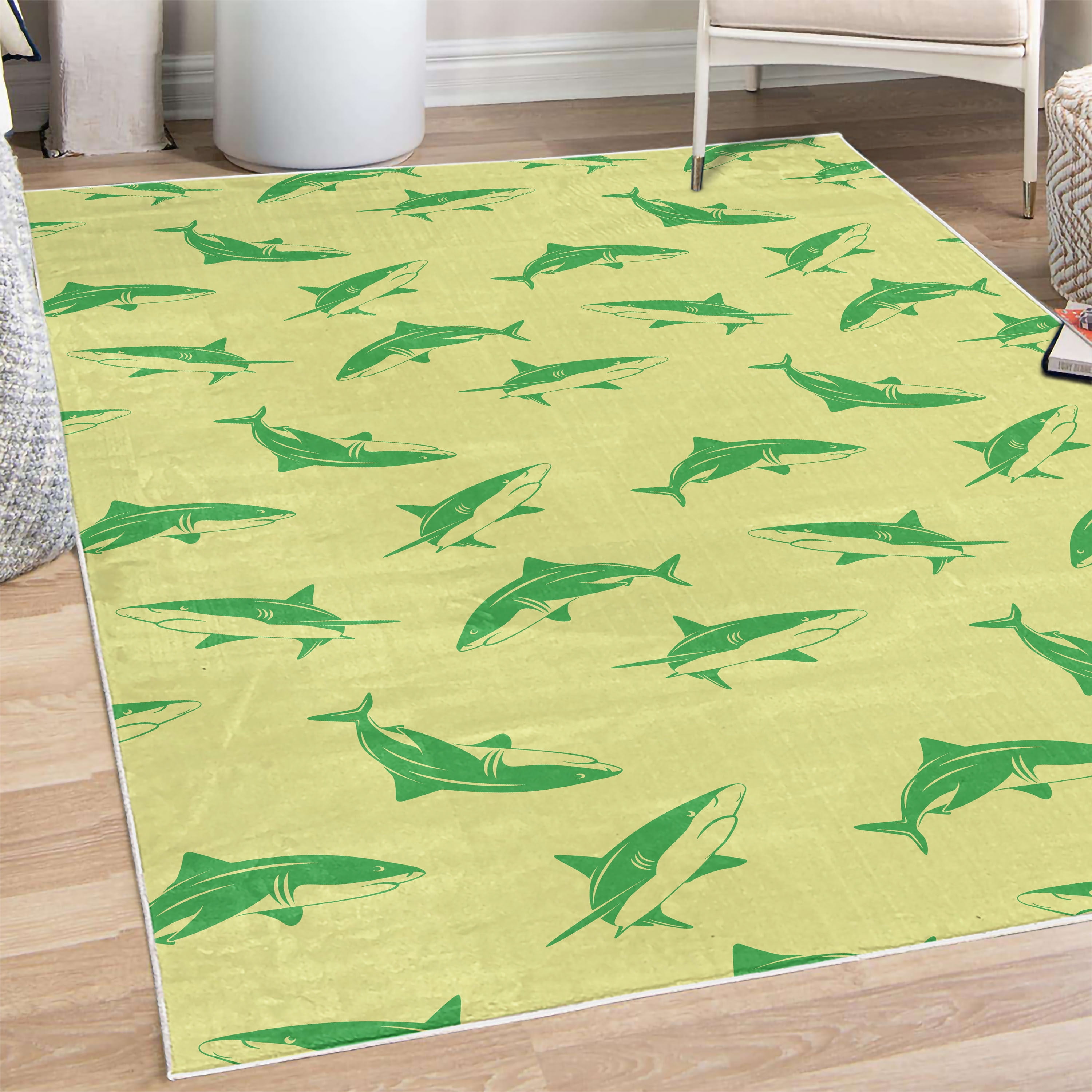 Sea Animals Decorative Rug, Repeated Cartoon Sharks Swimming to ...