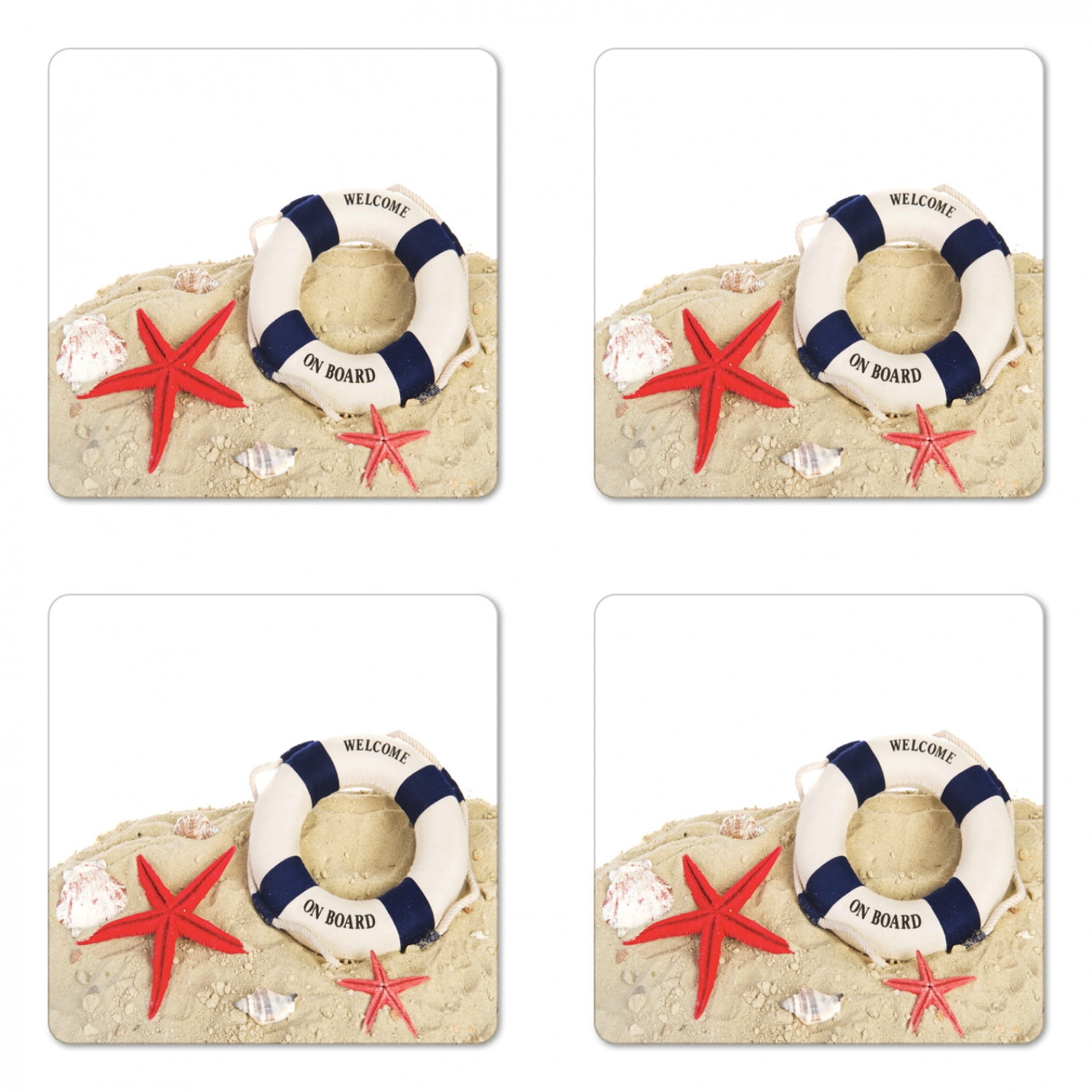 Buoy Coaster Set of 4, Life Buoy and Shells Starfishes at Sandy Beach ...