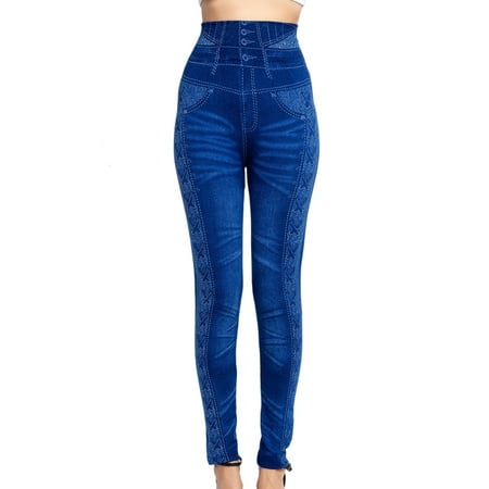 MAWCLOS Women Fake Jeans Butt Lifting Look Print Jeggings Tummy Control ...