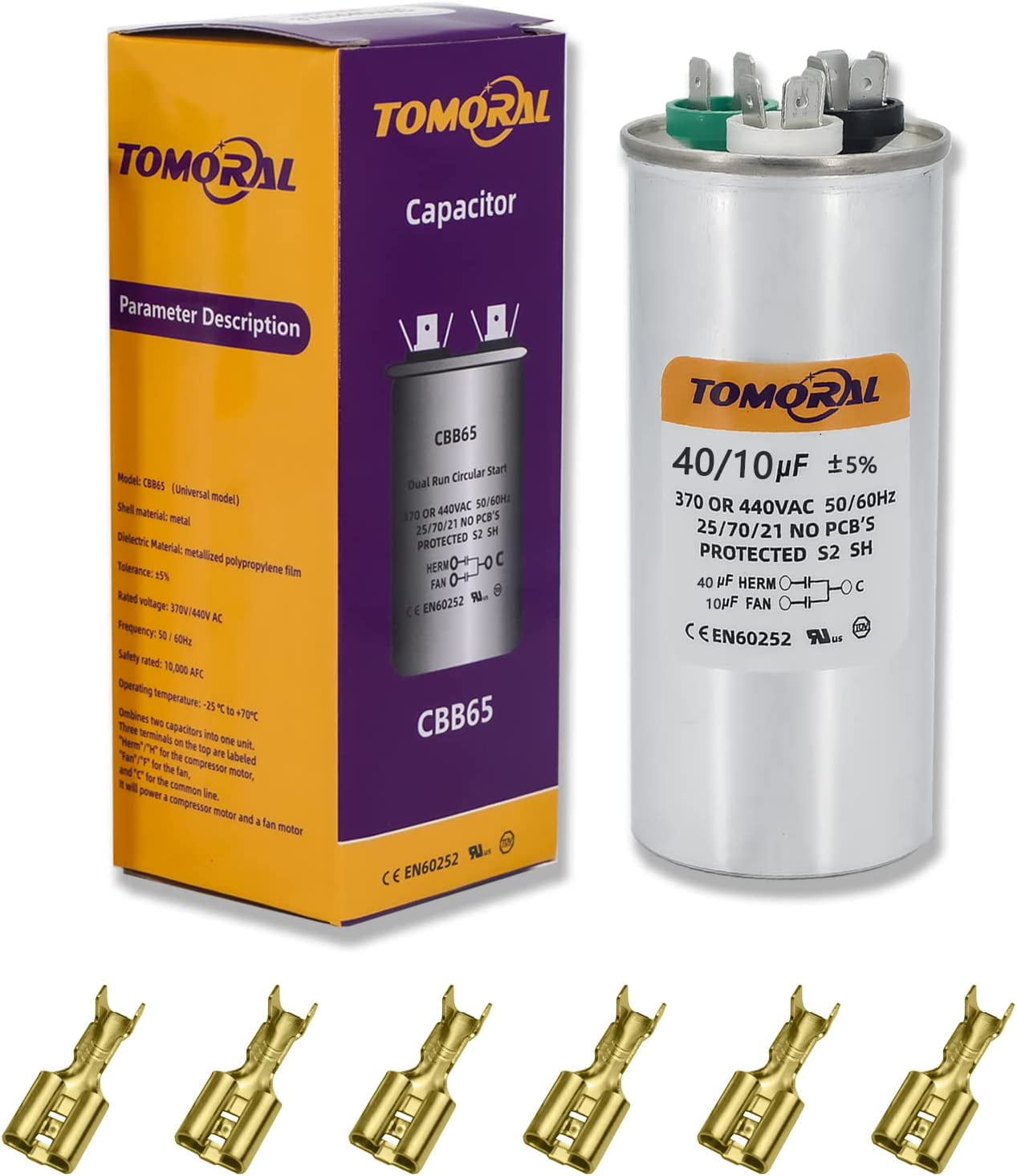 TOMORAL 40+10 MFD 40/10 uF ±5% 370VAC/440 Volt CBB65 Dual Run Round Capacitor for AC. for ...