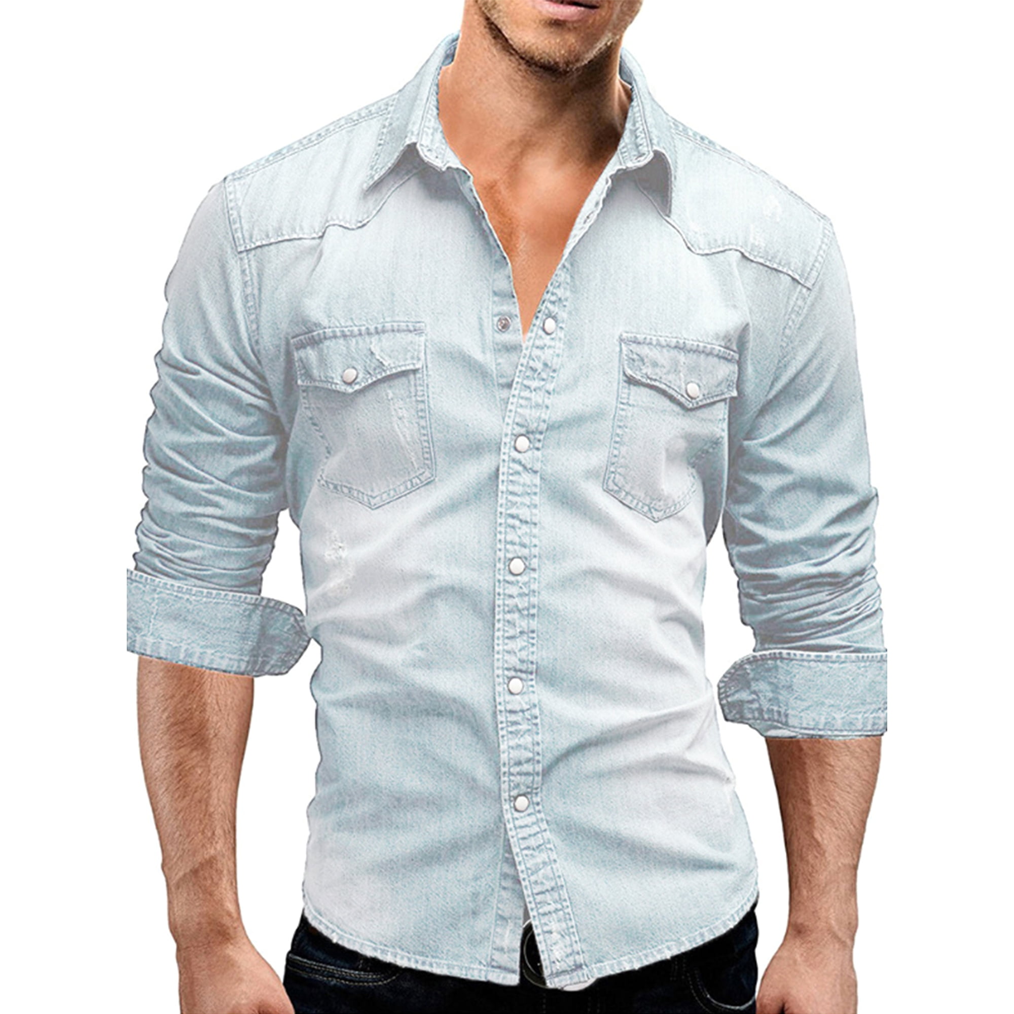 Click here for Kmbangi Mens Casual Denim Shirts Solid Color Long... prices