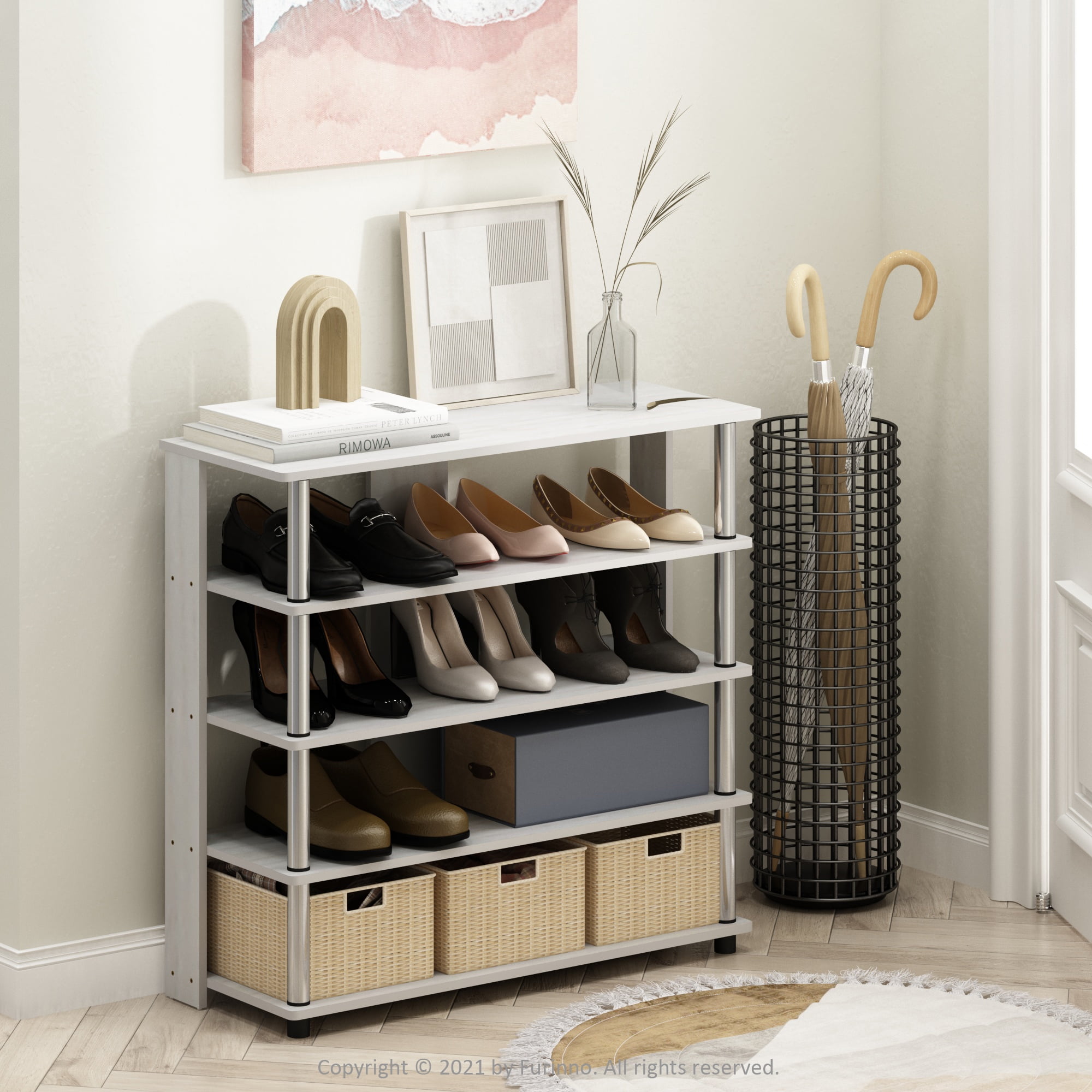 Furinno Turn-N-Tube 5 Tier Wide Shoe Rack, White Oak, Stainless Steel ...