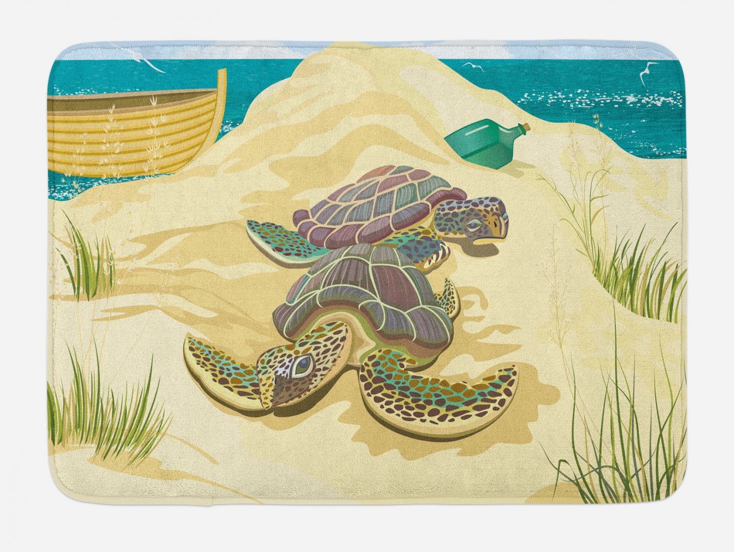 Turtle Bath Mat, Illustration of Two Sea Turtles on Sandy Summer Beach ...