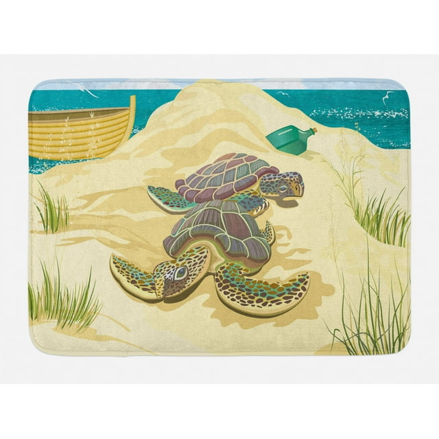 Turtle Bath Mat, Illustration of Two Sea Turtles on Sandy Summer Beach ...
