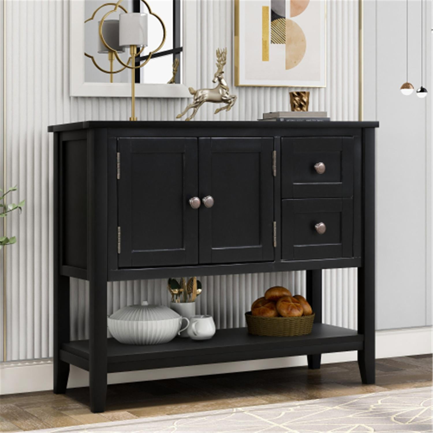 Black Console Table with Storage Drawers and Open Storage Shelf, 36 ...
