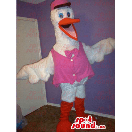 White Stork Bird SPOTSOUND Mascot Dressed In Pink Clothes And Hat ...