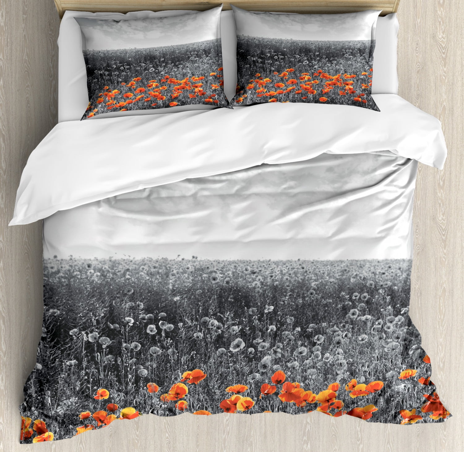 Poppy Duvet Cover Set Queen Size, Flower Field Pattern with Greyscale ...