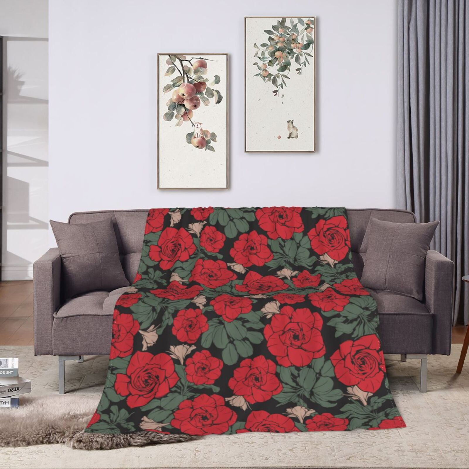ZNDUO Red Beautiful Roses Pattern Throw Blanket, Lightweight Cozy Soft ...